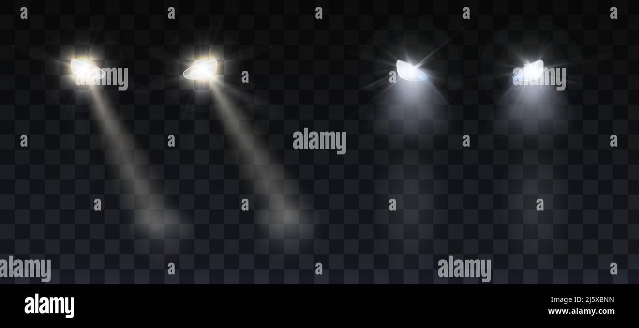 Car headlights shining on road in night. Vector realistic set of front ...
