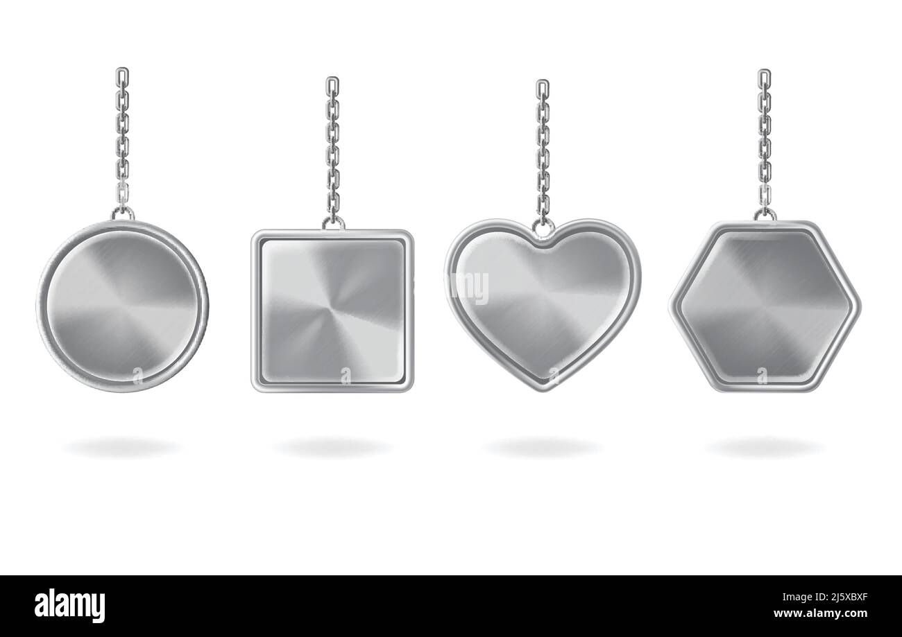 Keychains set. Metal round, square, heart and hexagon shaped keyring ...