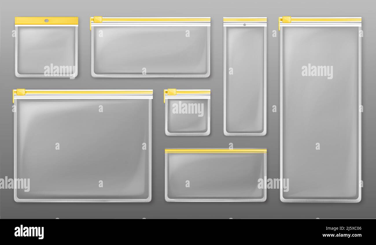 Transparent plastic zipper bags isolated on gray background. Vector set ...