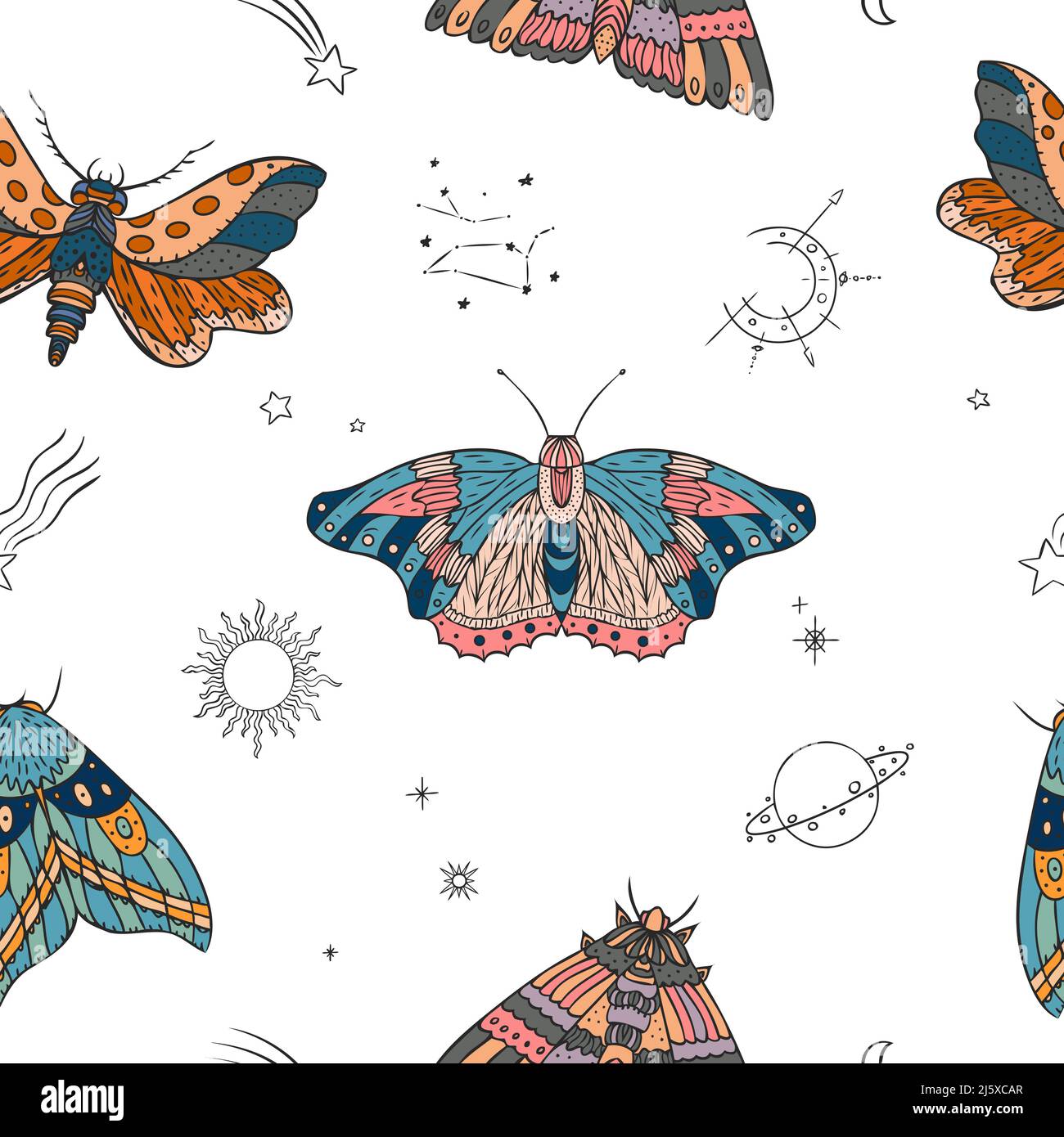 Night moth, symbols of the sky, sun and moon vector seamless pattern ...