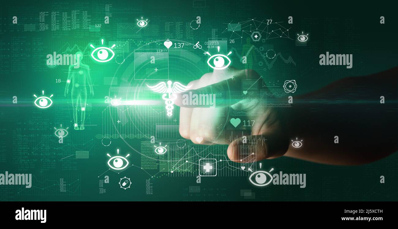 Doctor hand pressing futuristic health device with medical symbol on ...