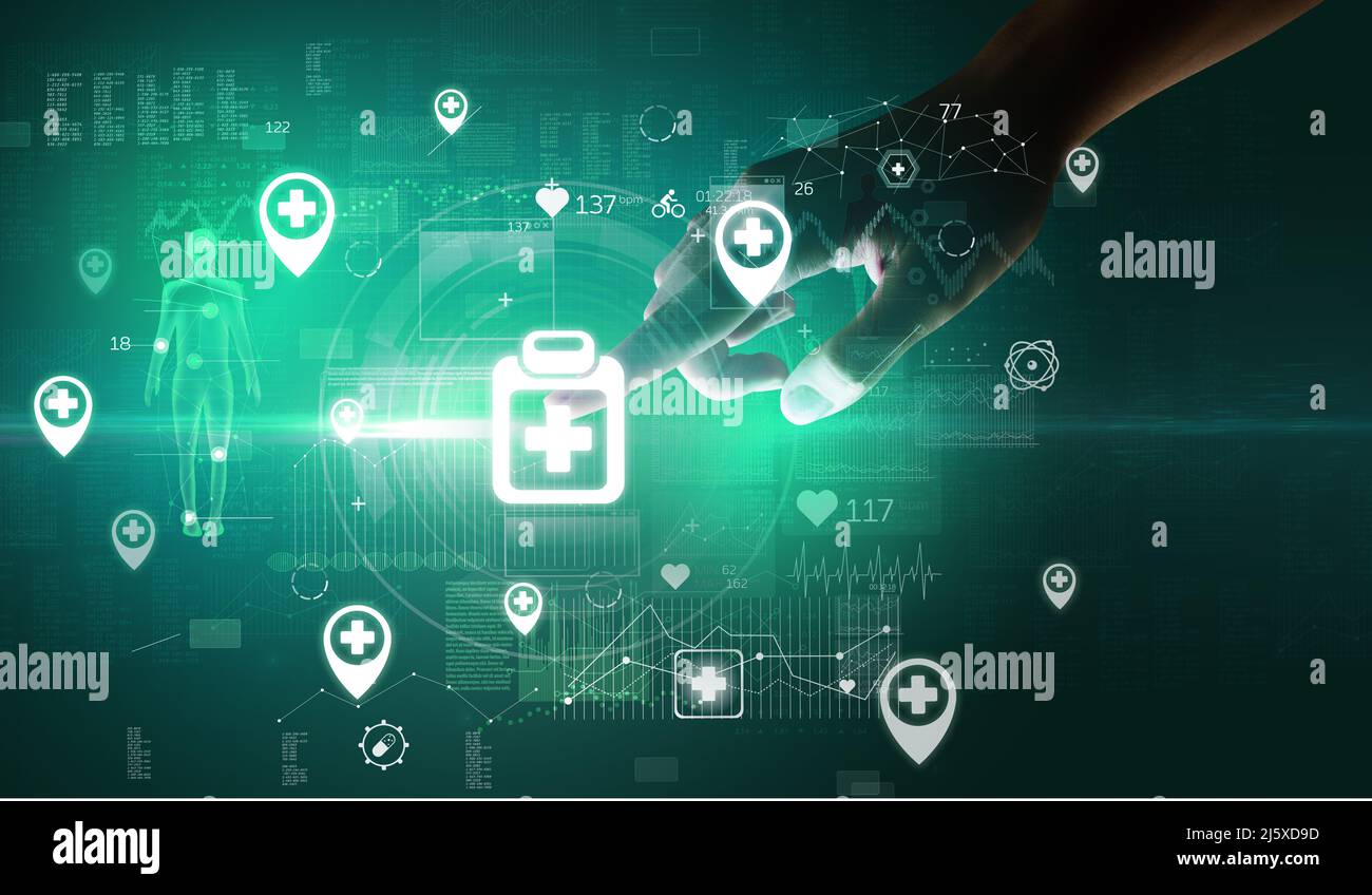 Doctor hand pressing futuristic health device with medical symbol on ...