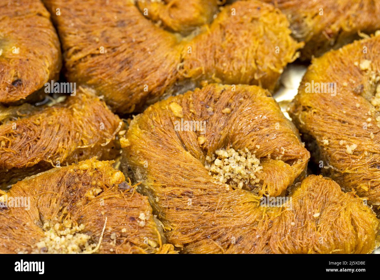 Walnut kadayif. Kadayif dessert in a close-up tray. local name cevizli ...