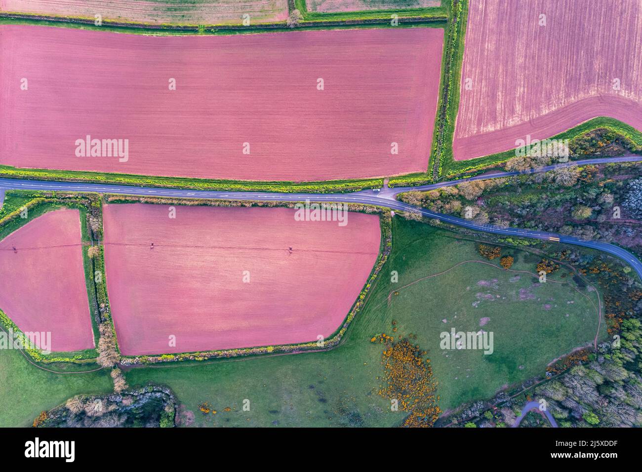 Top Down over Fields and Farmlands, English Village, Devon, England ...