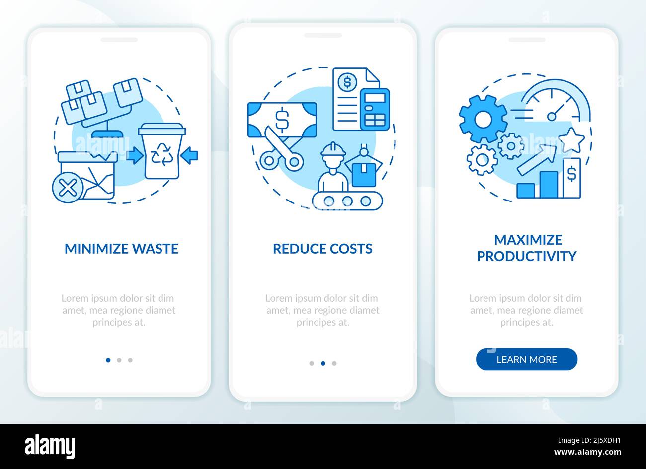 Purposes of lean manufacturing blue onboarding mobile app screen Stock ...
