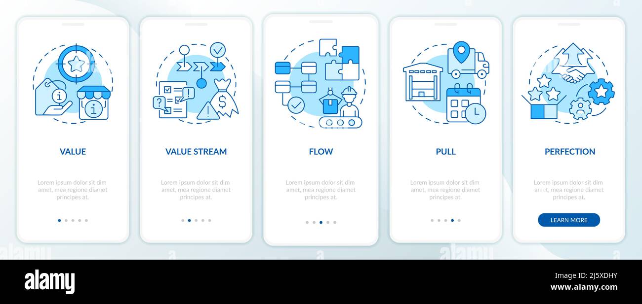 Lean Manufacturing Key Principles Blue Onboarding Mobile App Screen