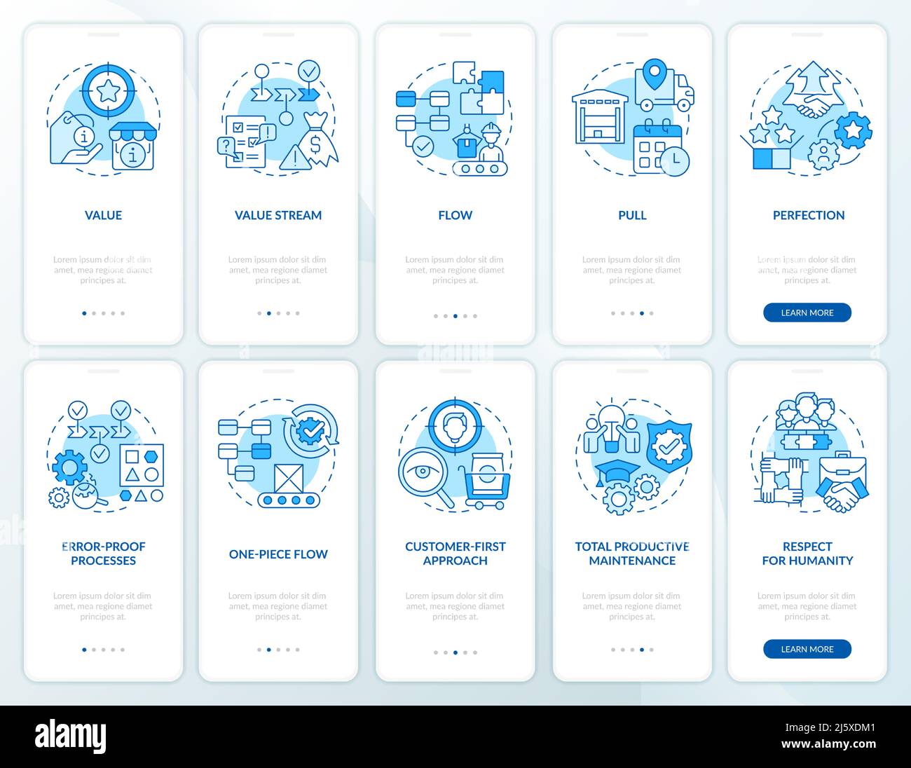 Lean manufacturing blue onboarding mobile app screen set Stock Vector ...