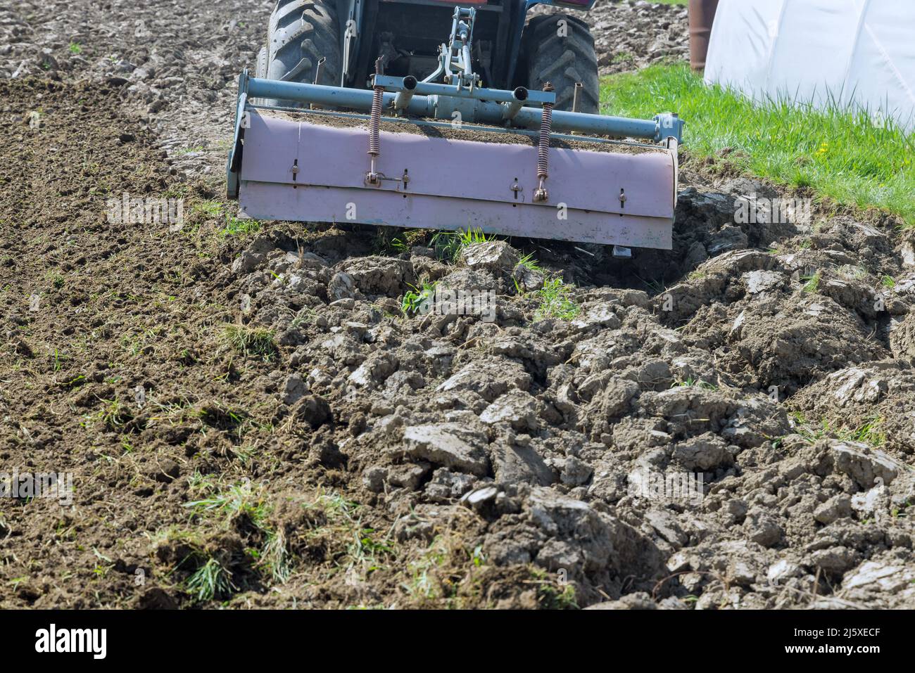 Farm tractor loosening soil on field with milling machine for seedeling ...