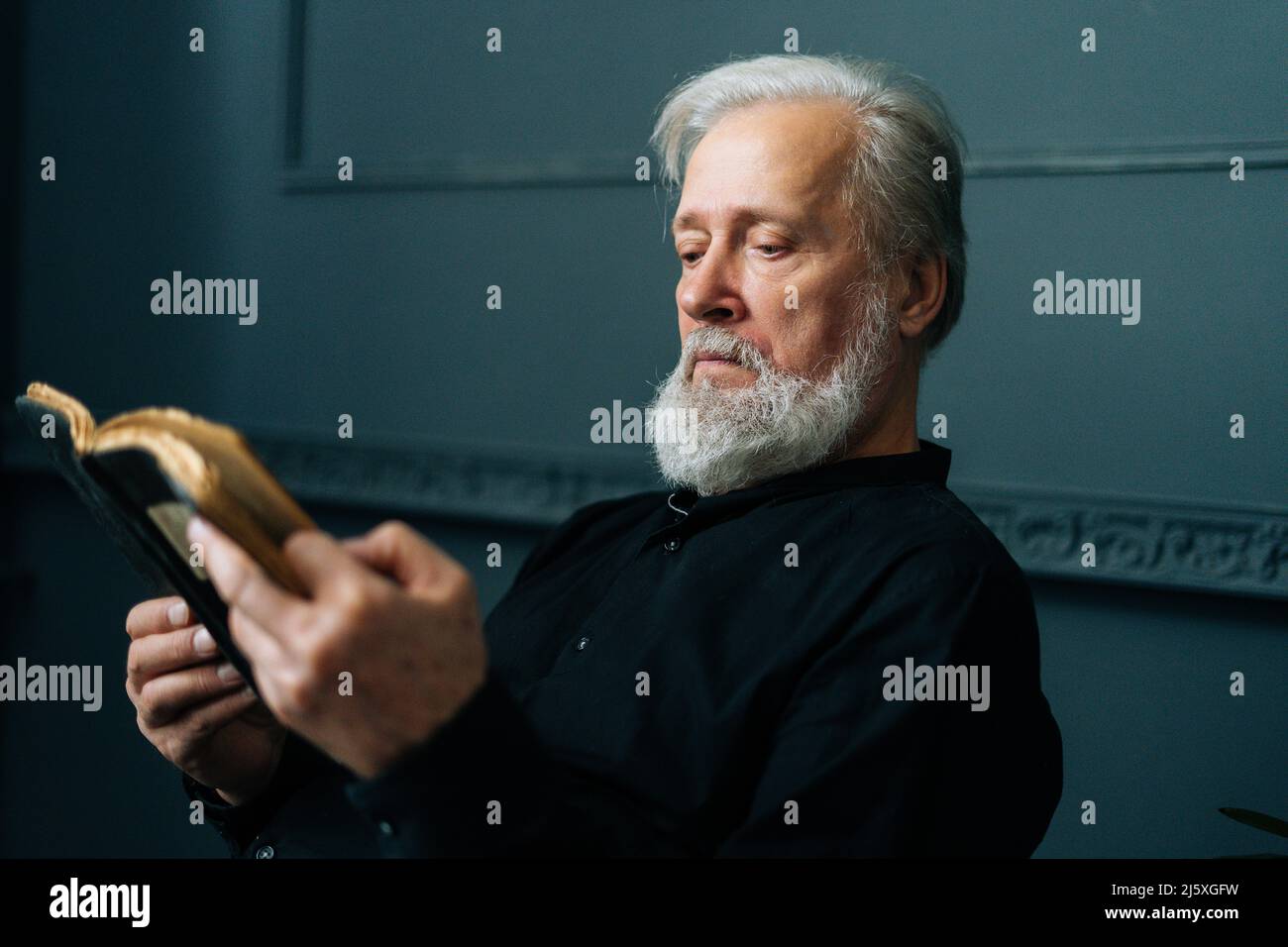 Close-up side view of senior gray-haired aged male reading paper book ...