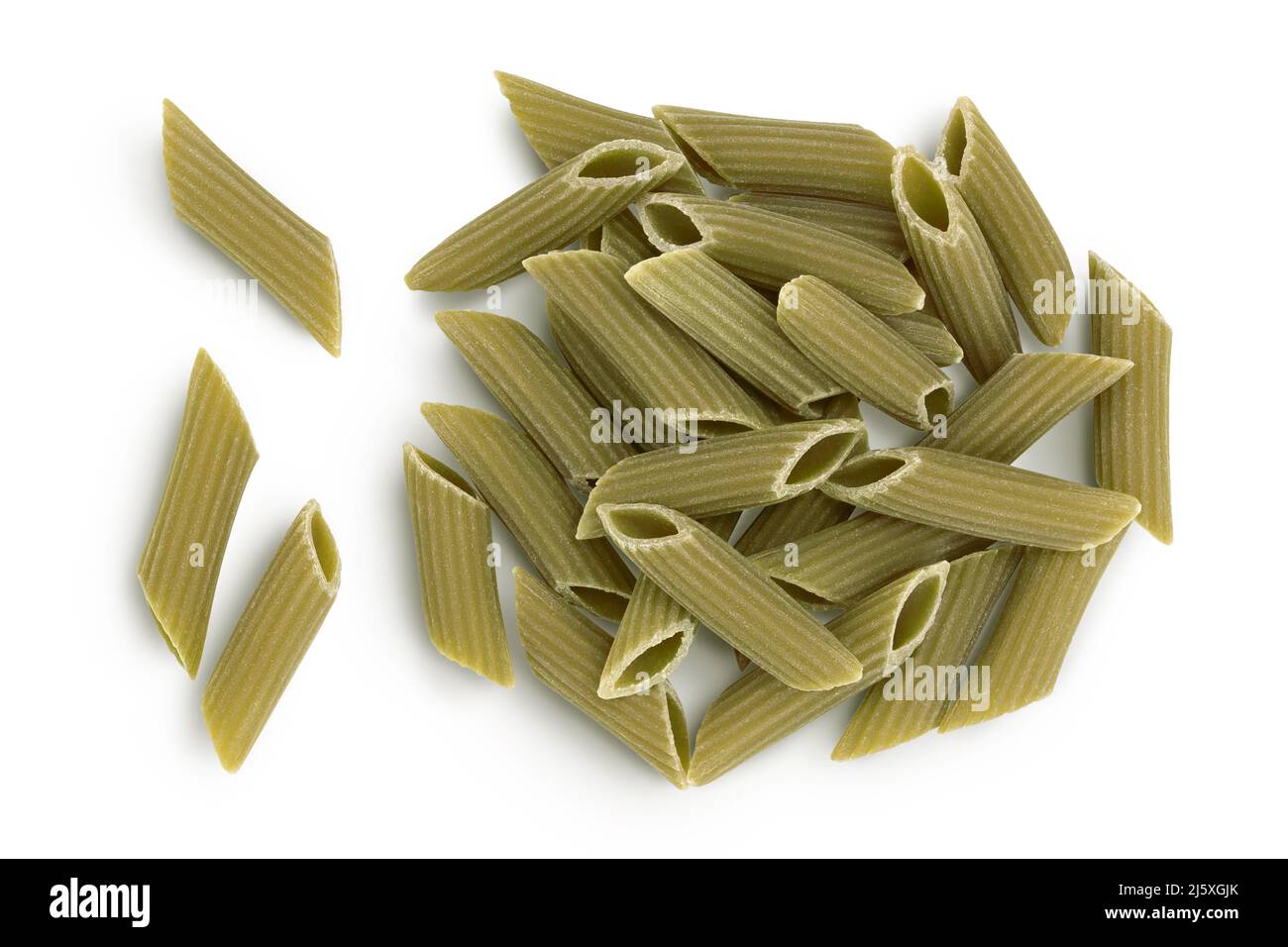 Green pea penne pasta isolated on white background with clipping path ...