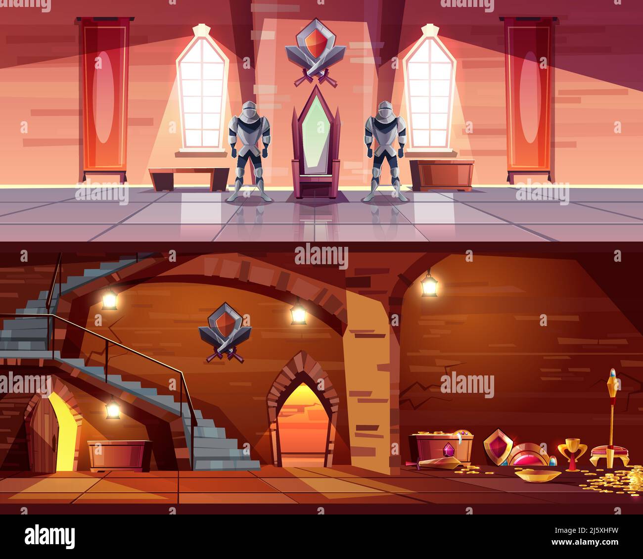 Medieval castle ballroom with knight guards near royal throne and ...