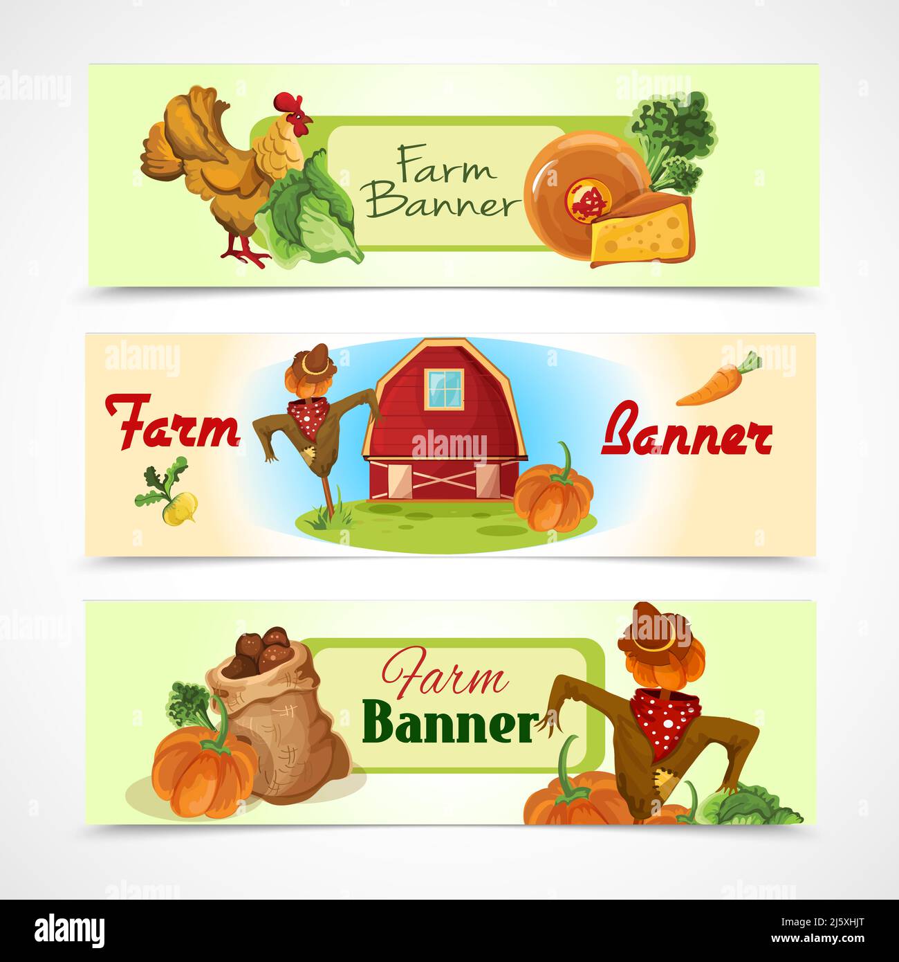Farm decorative horizontal banners set with cow chicken house and ...