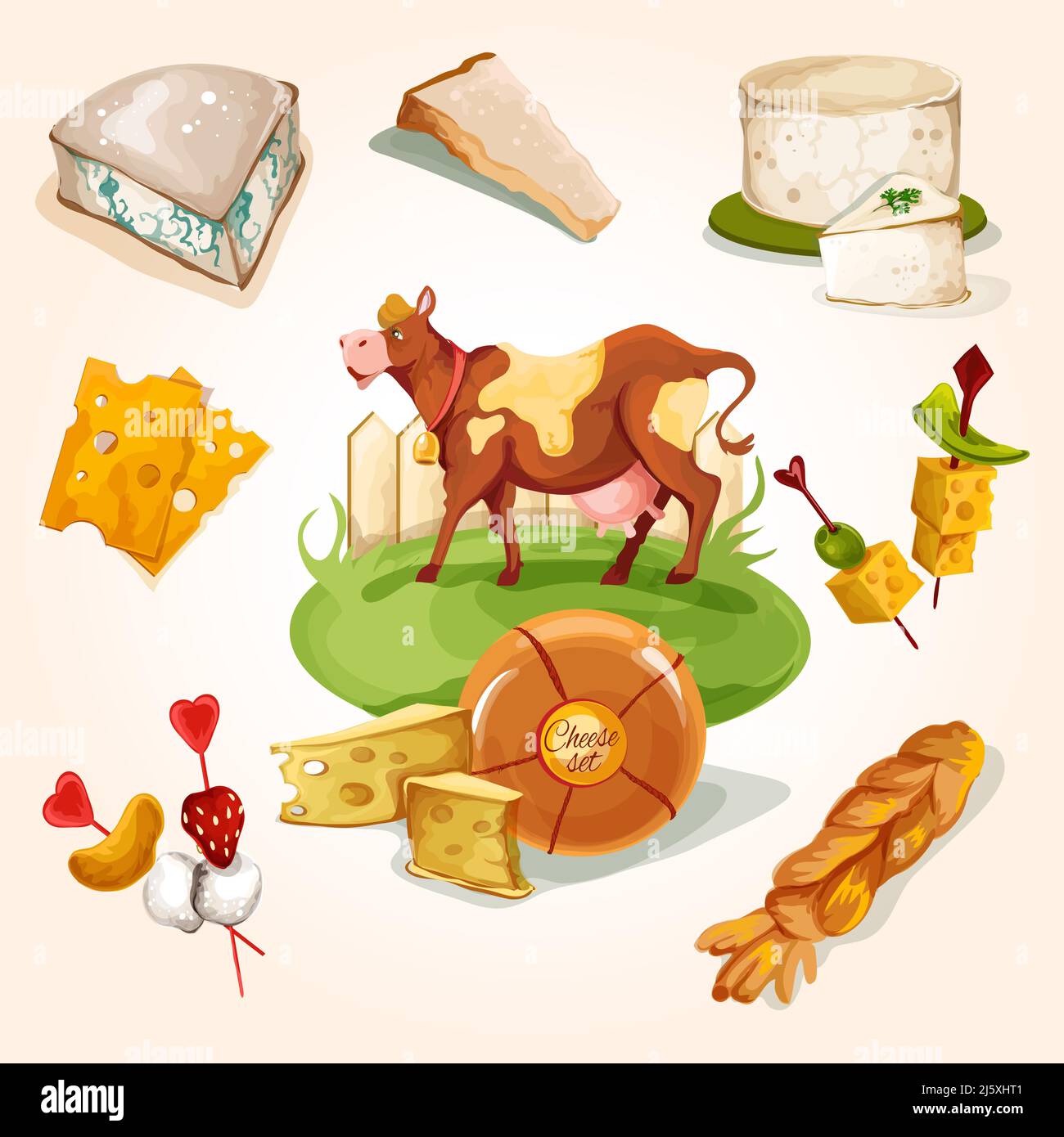 Natural cheese concept with food assortment and cow colored decorative ...