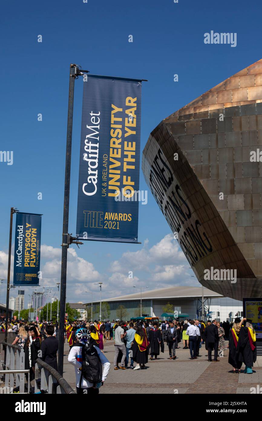 Cardiff Met University banners outside the Wales Millennium Centre in ...