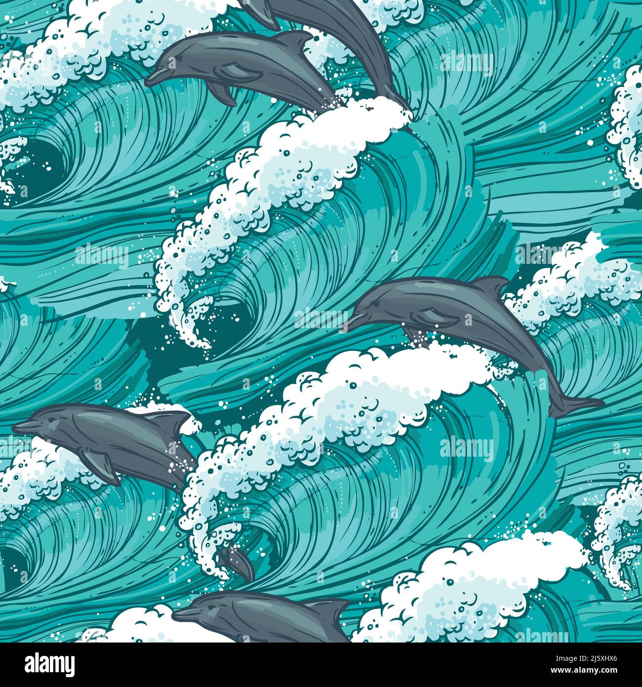 Waves flowing water sketch sea ocean and dolphins colored seamless ...