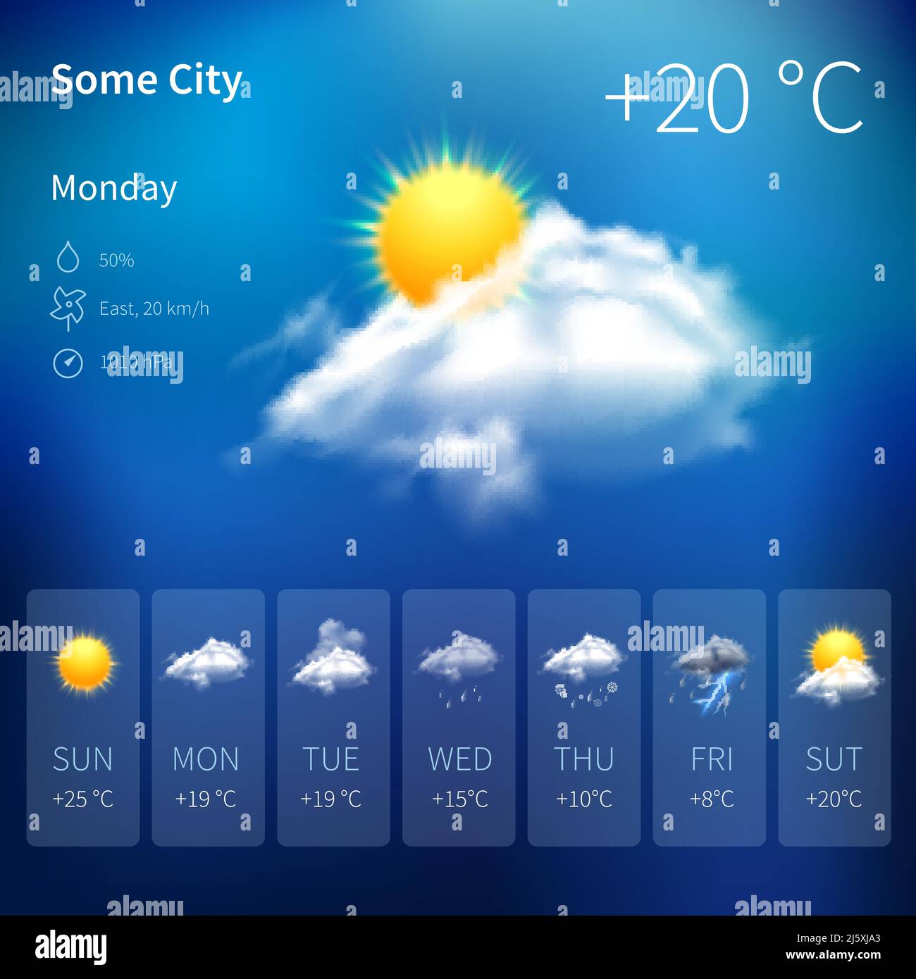 Realistic weather forecast widget mobile application program layout ...
