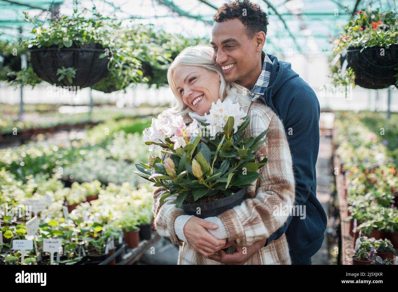 Happy couple with potted flower hugging in greenhouse Stock Photo - Alamy