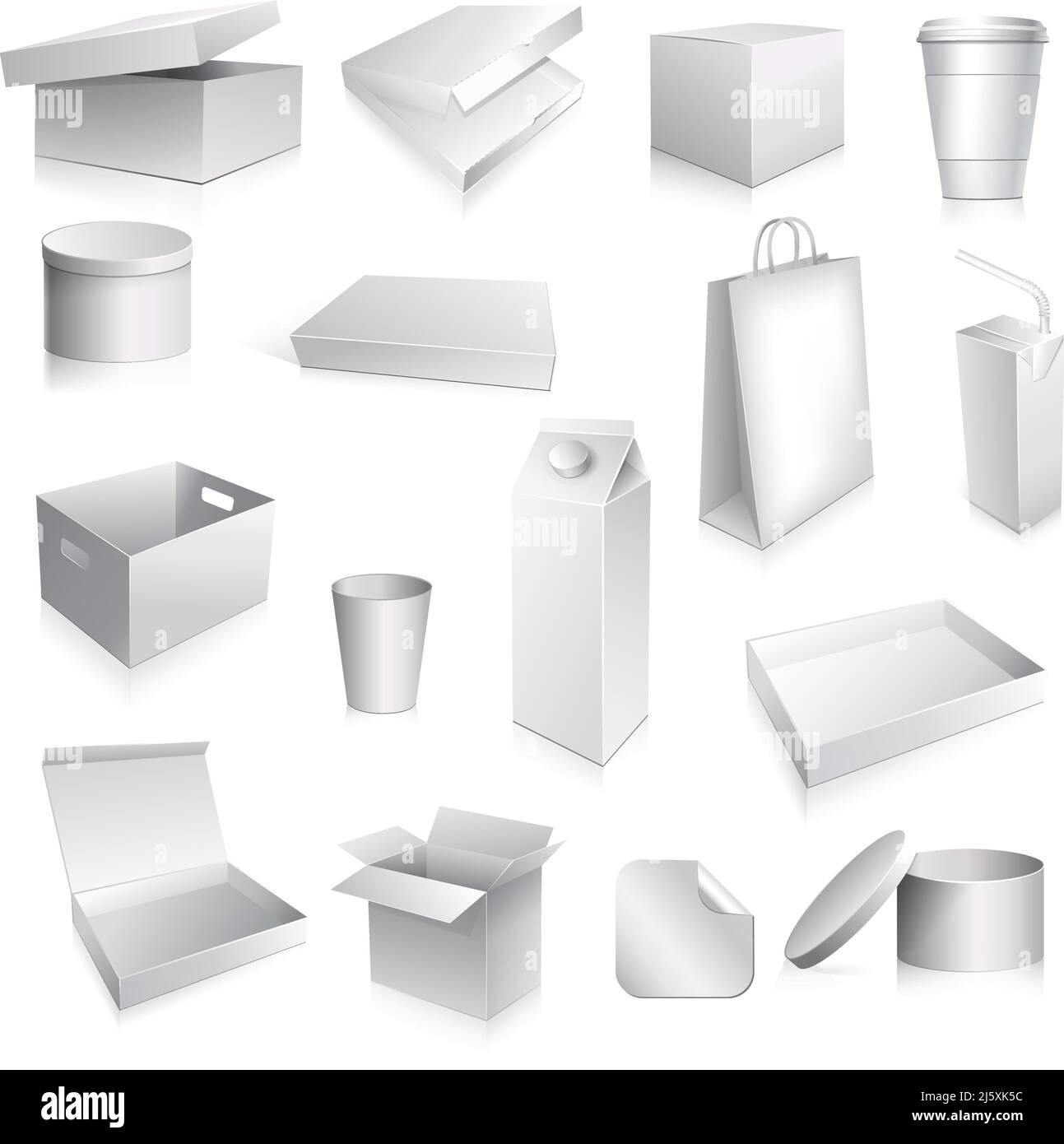 Packaging set with paper cup carton containers and boxes blank isolated ...