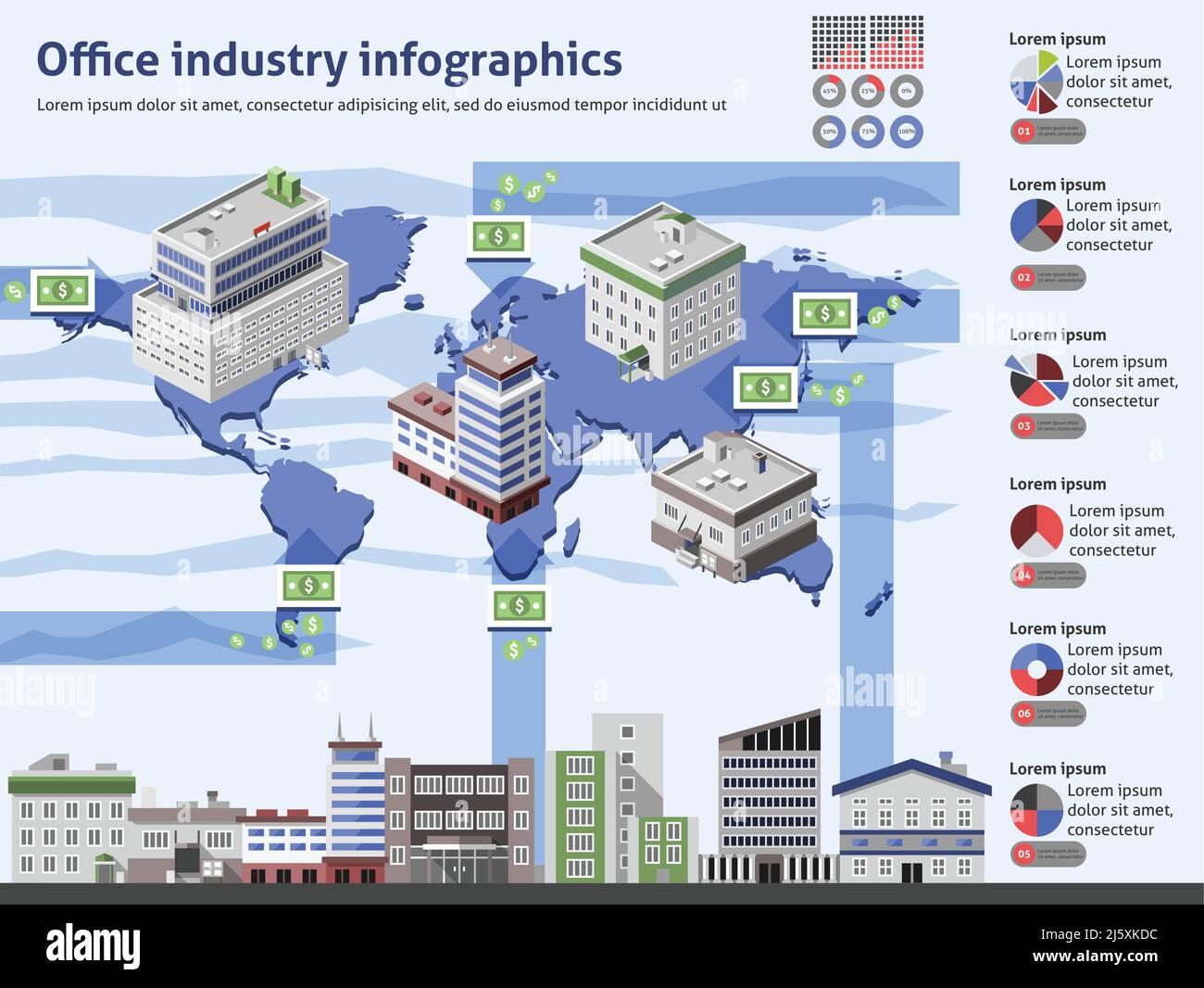 Office industry infographics with business buildings world map and ...