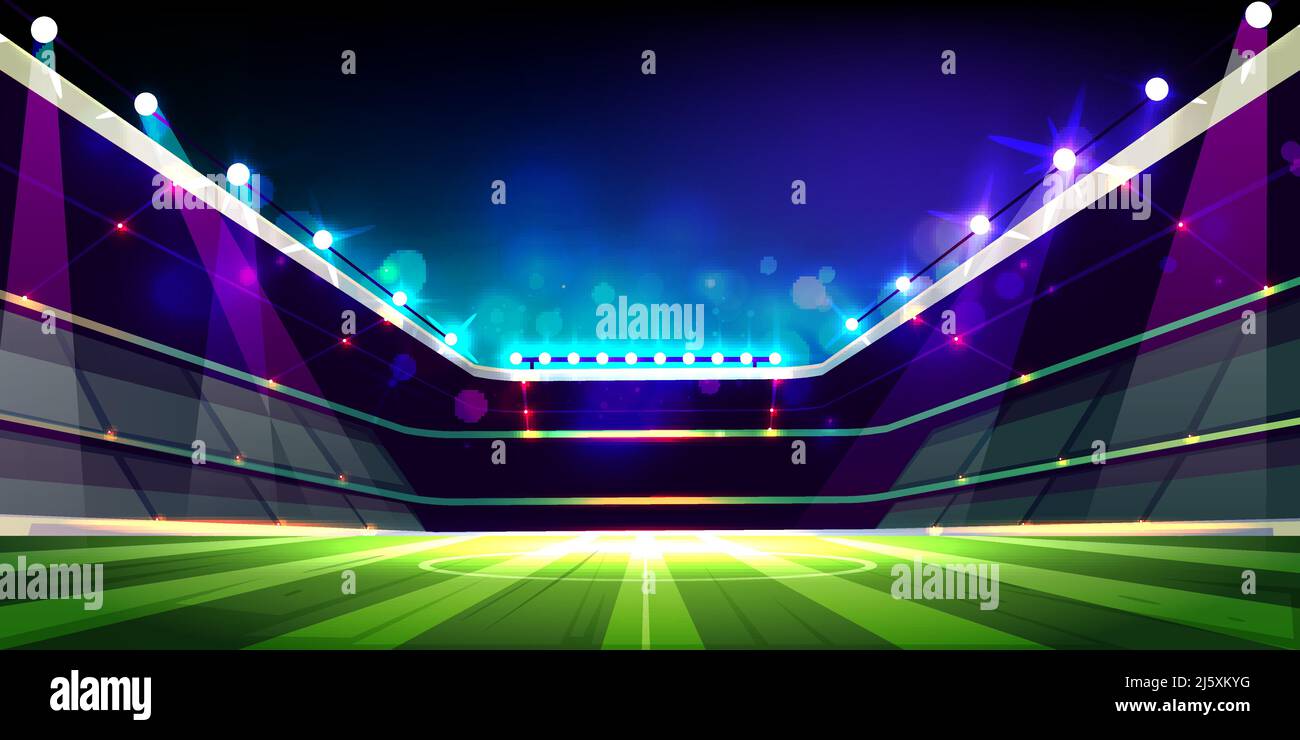 Empty soccer field illuminated with projectors lights cartoon vector ...