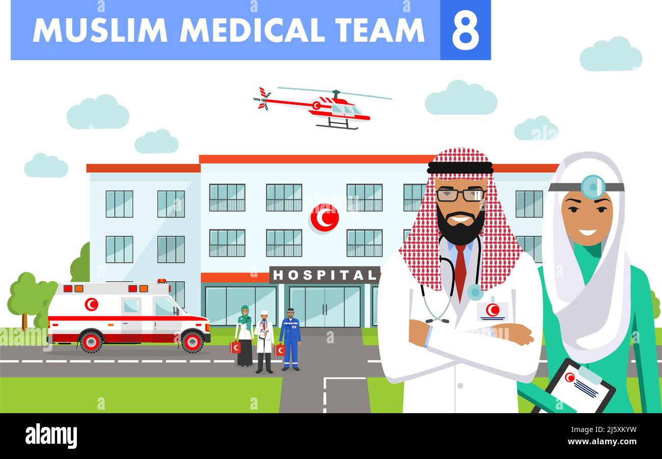 Detailed illustration of muslim arabic medical staff people, medical ...