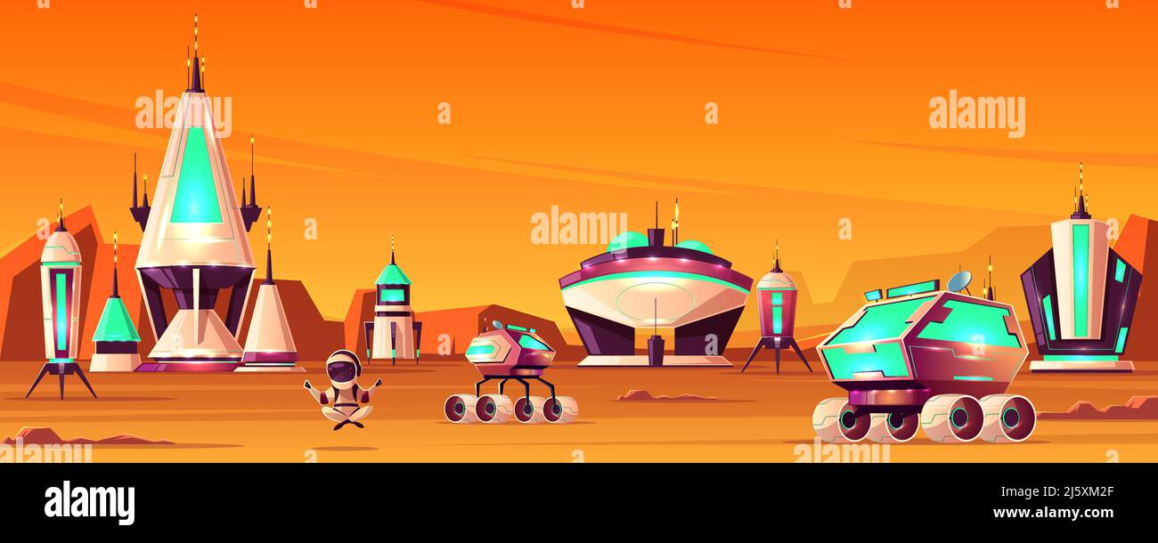 Space colony on Mars cartoon vector concept with spaceships or rockets ...