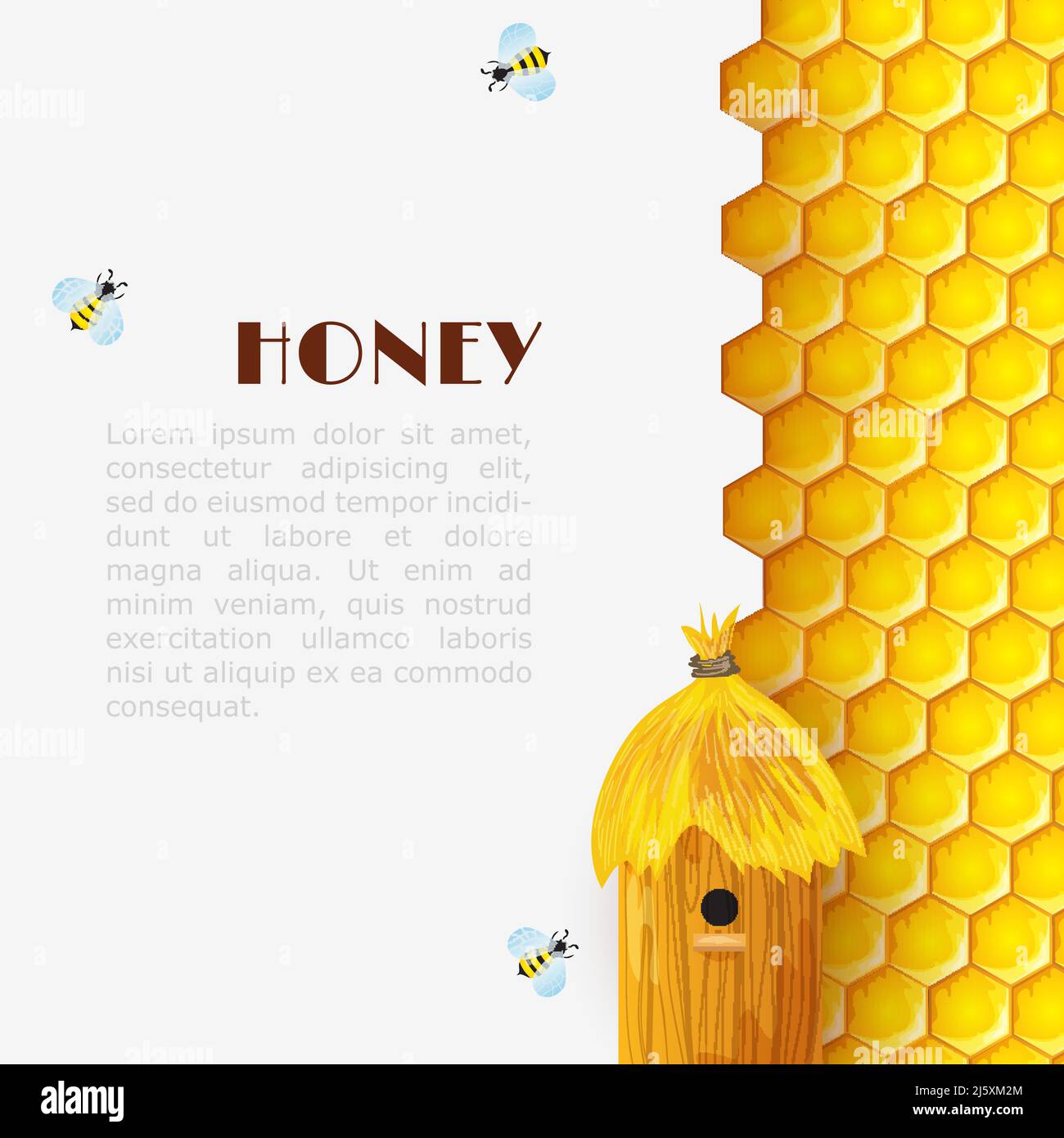 Honey background with hexagon honeycomb beehive and bumblebees insects ...