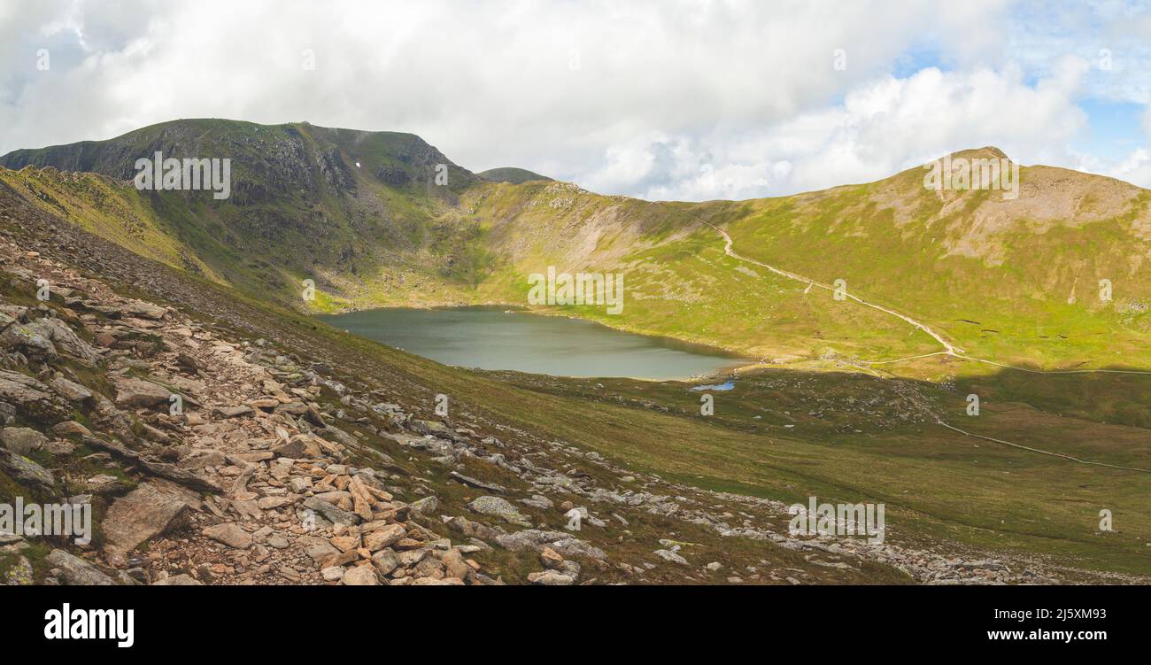 Natural panoramic landscape of Helvellyn Edge, and small lake Red Tarn ...