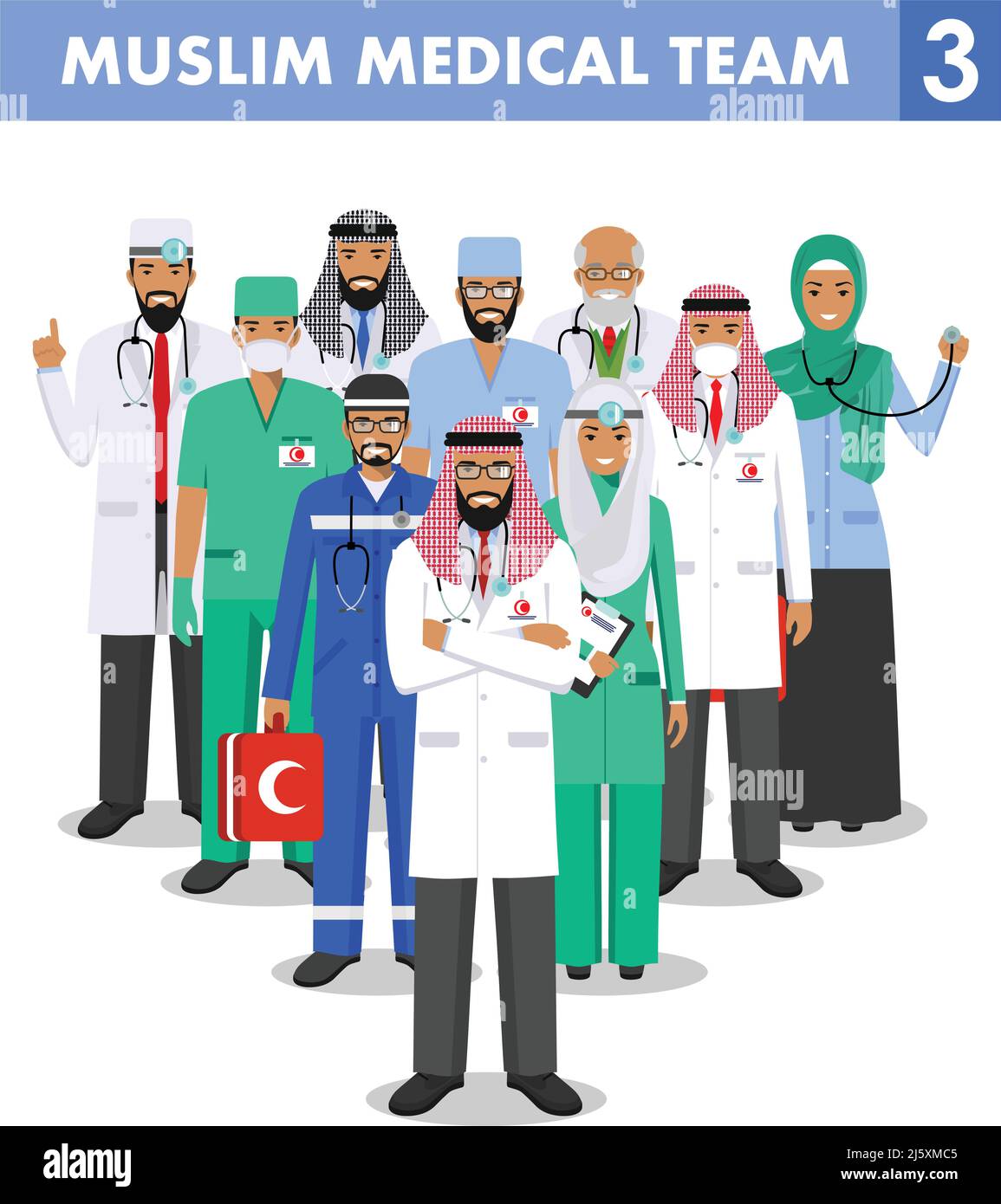 Detailed illustration of muslim arabic medical staff people in flat ...