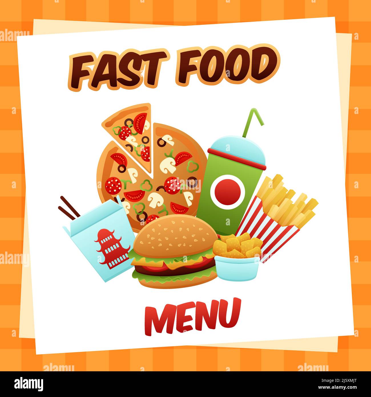 Fast food menu concept with pizza hamburger chips decorative icons set ...