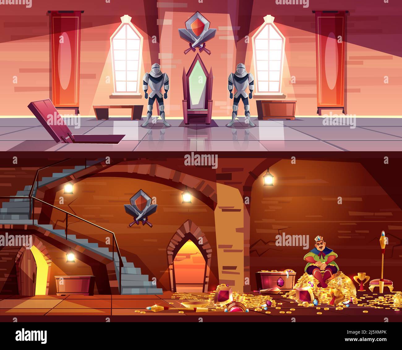 Vector throne room with hatch to vault. Cellar with king on pile of ...