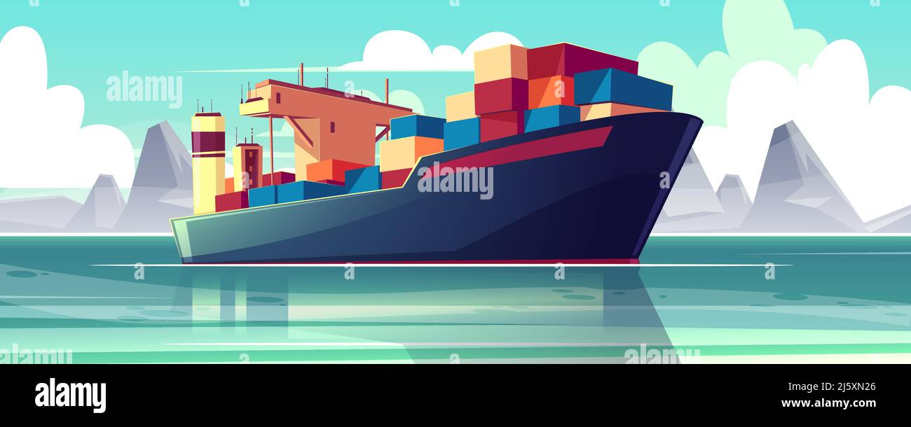 Vector illustration with a dry-cargo ship at sea, ocean. Commerce ...