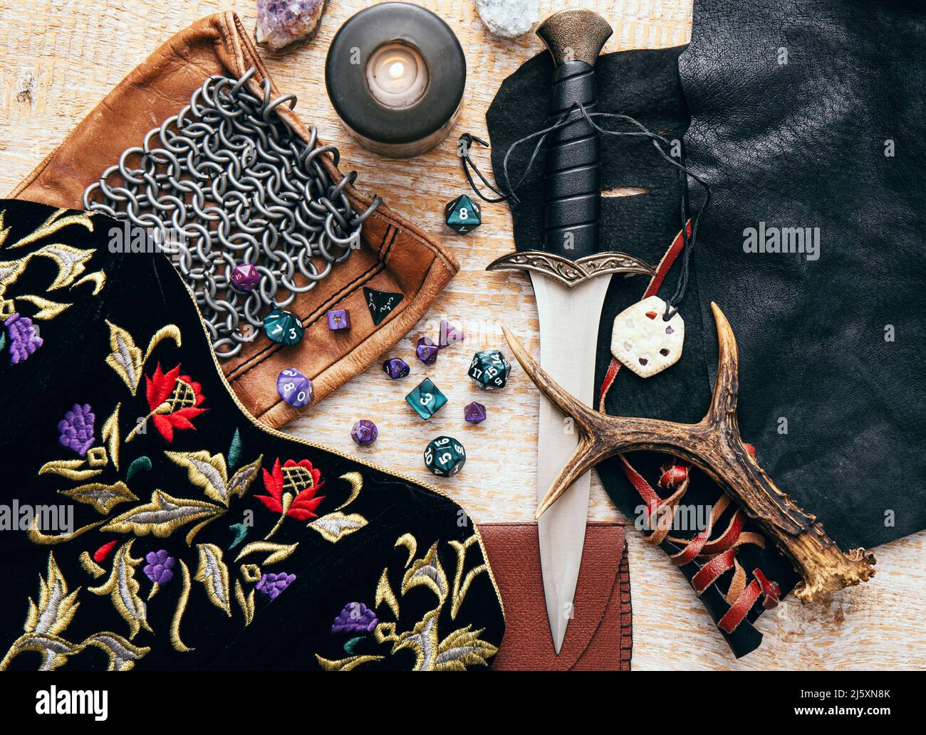 Fantasy role play board game still life concept. Background decorated ...