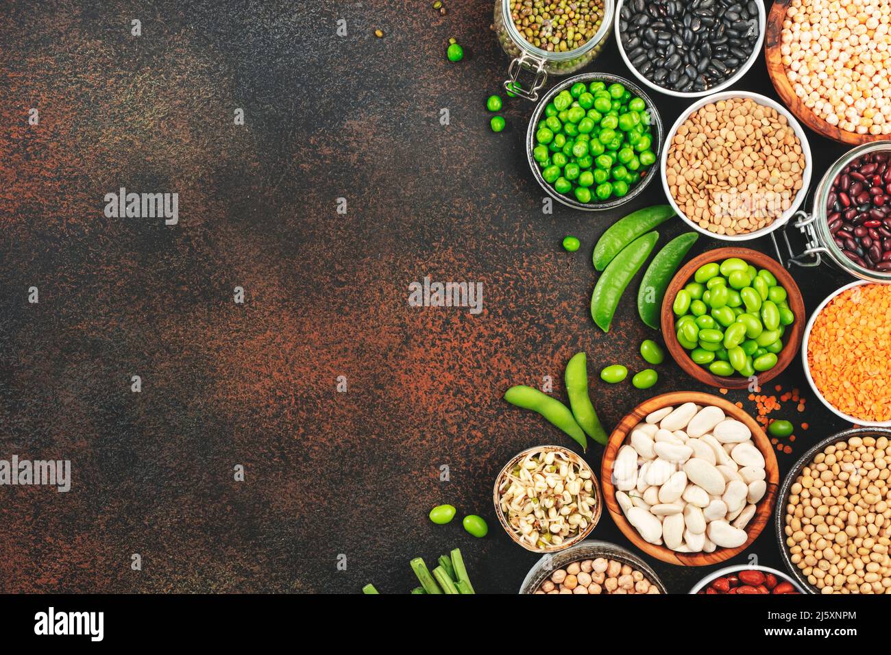Legumes, beans and sprouts. Dried, raw and fresh, top view. Red beans ...