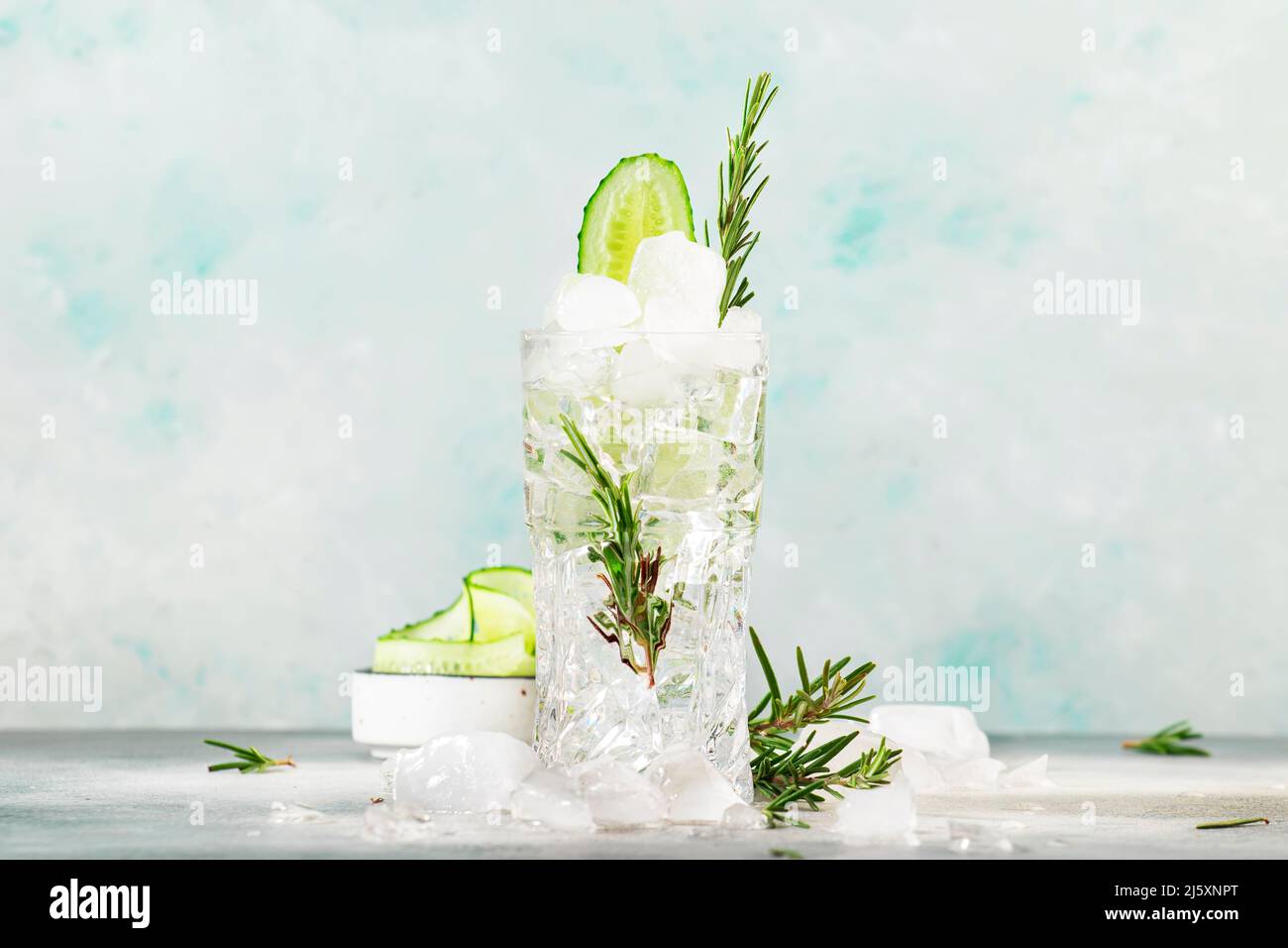 Gin tonic with cucumber, alcoholic cocktail drink with dry gin, rosemary, tonic, fresh cucumber ...