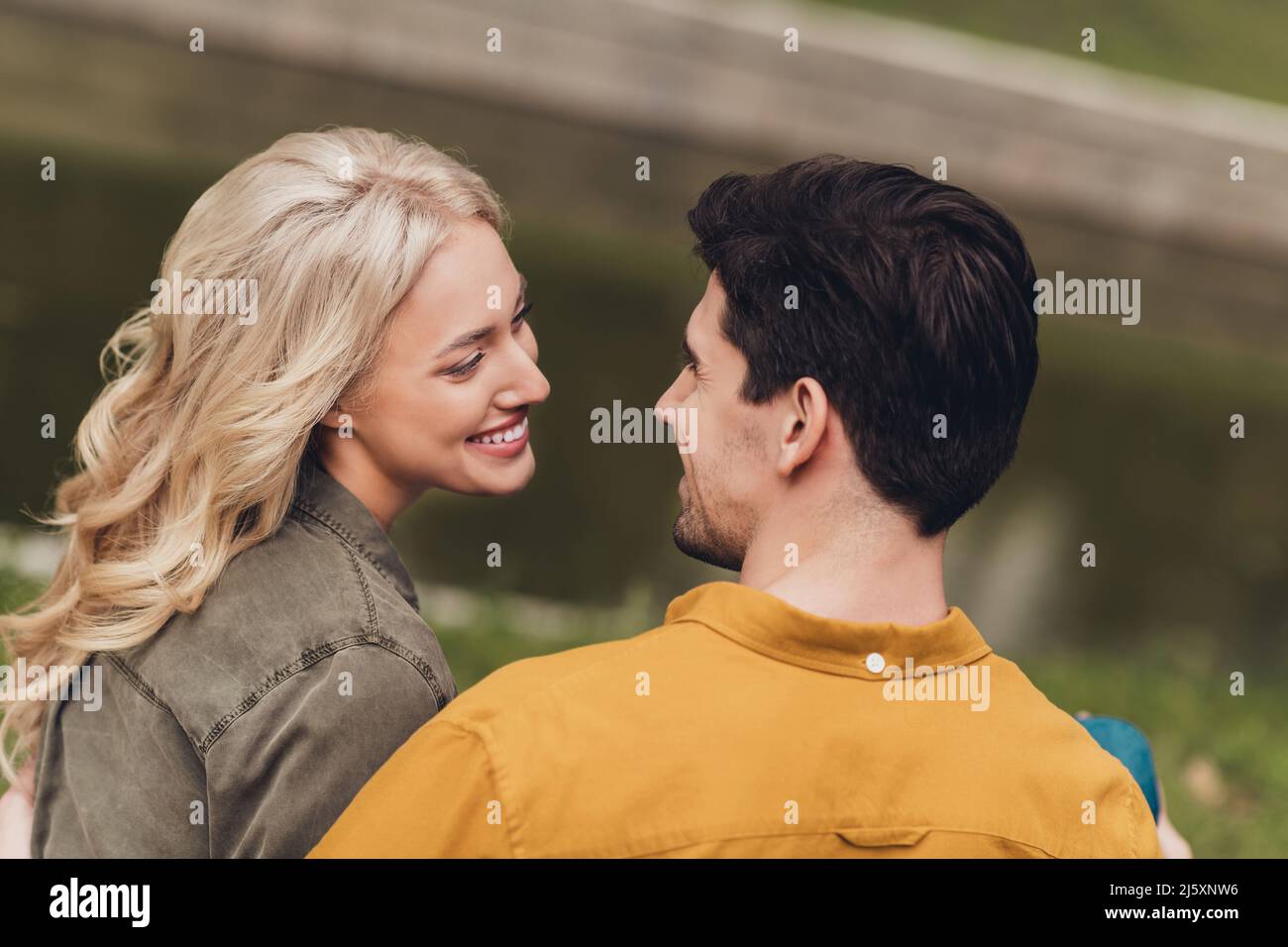 Rear back behind view of attractive cheerful tender sweet couple ...