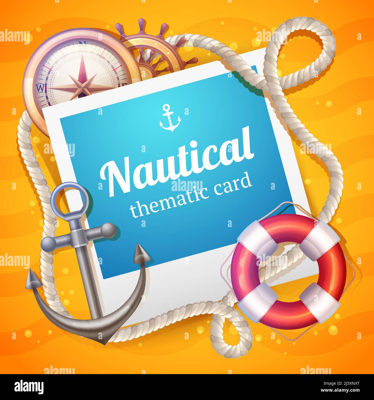 Nautical card with marine and sailing symbols set and rope frame vector ...