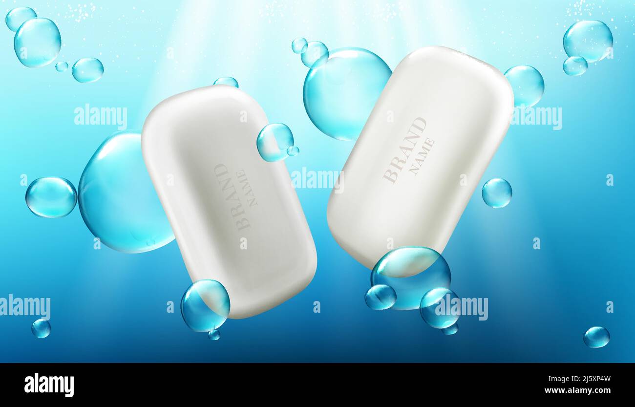 White soap bars on blue background with flying air bubbles mock up ...