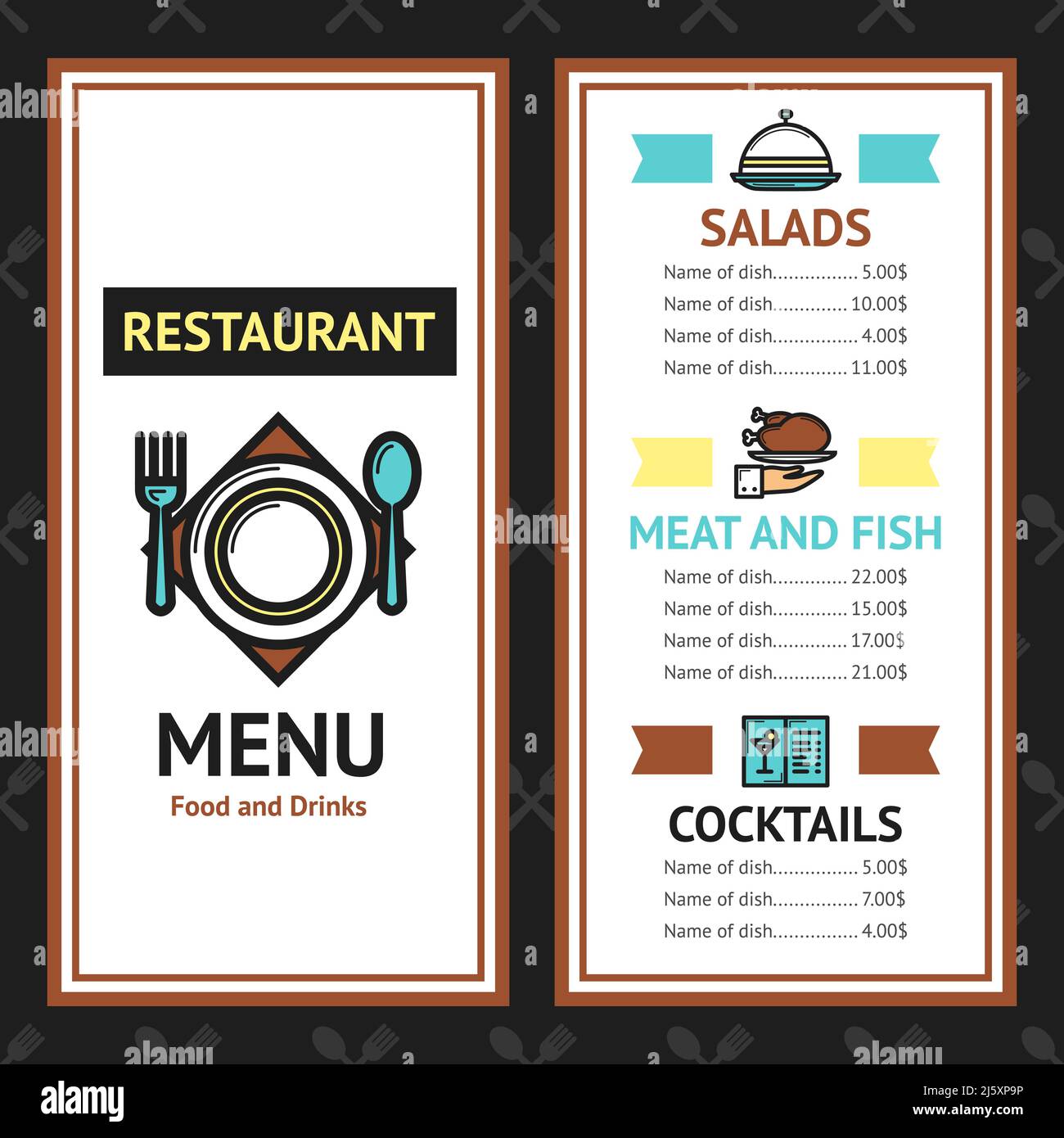 Restaurant menu template with salads meat fish dishes and cocktails ...