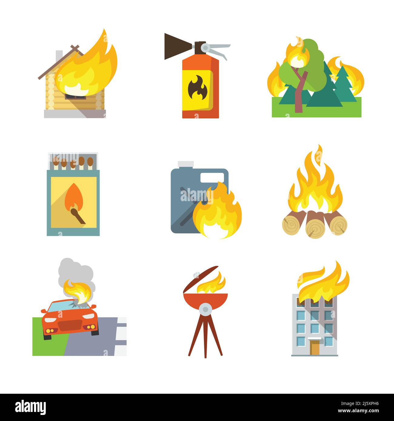 Fire protection icons set of house forest car accidents isolated vector ...