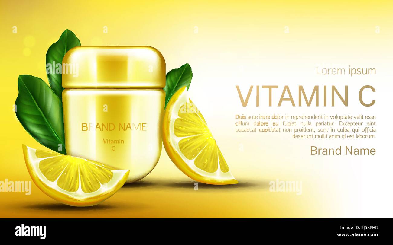 Vitamin ? cosmetics cream jar with lemon slices and green leaves. Fruit ...