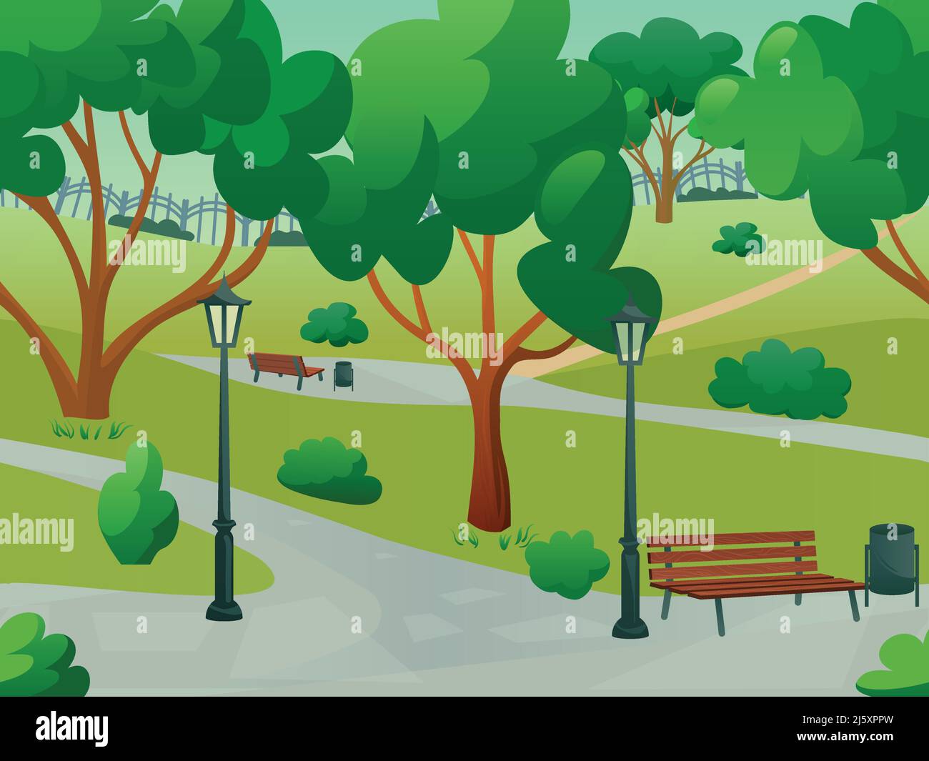 Summer park alley 2d game landscape flat background vector illustration ...