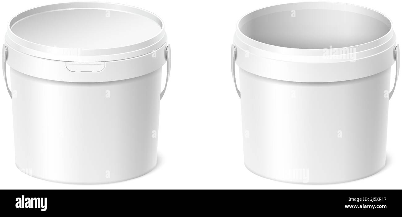 3d realistic vector icon set. Plastic white paint bucket with lid, open ...