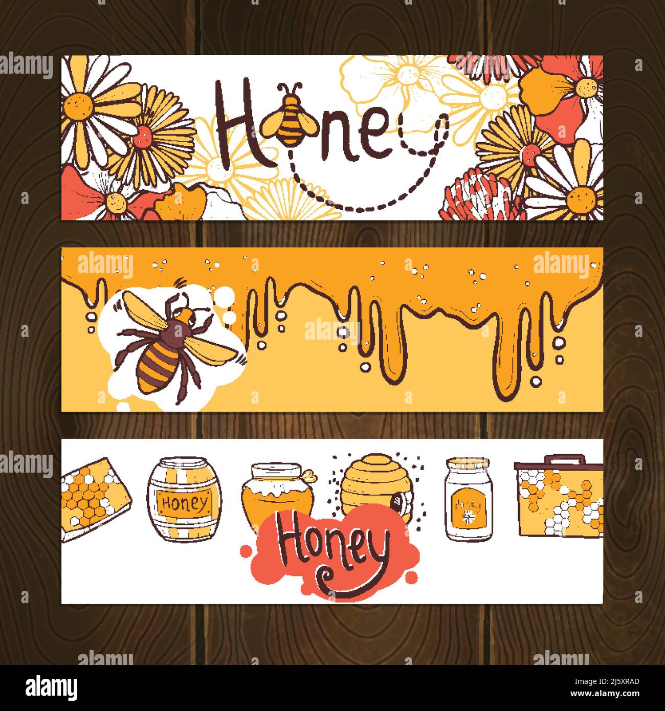 Honey hand drawn horizontal banner set with beehive honeycomb flying ...