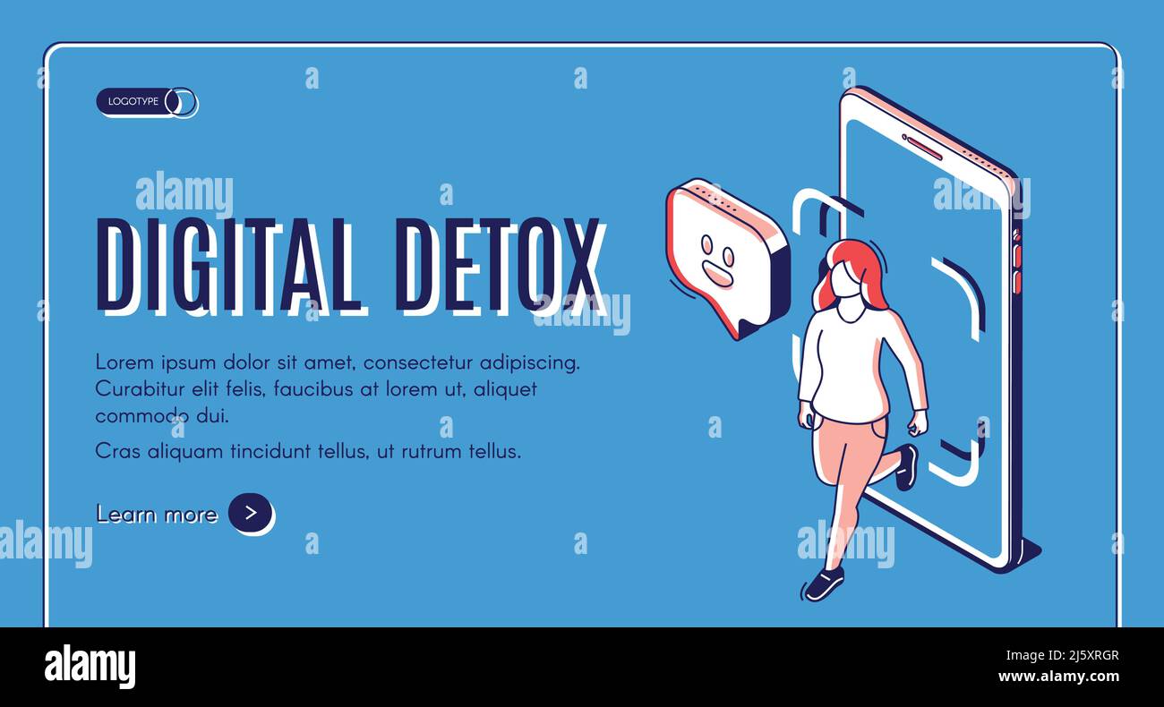 Digital detox web banner. Young woman stepping out of huge mobile phone ...