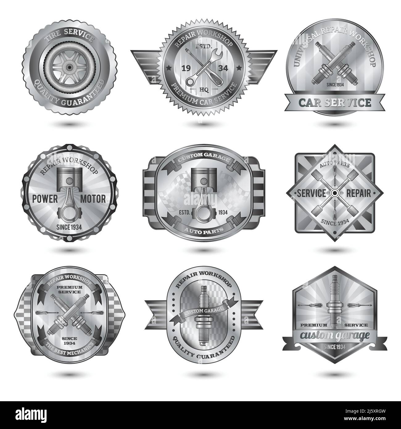 Repair workshop automotive car service metal emblems set isolated ...