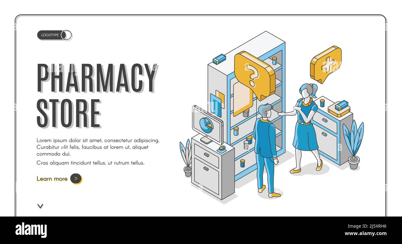 Pharmacy store isometric web banner. Customer communicate with ...