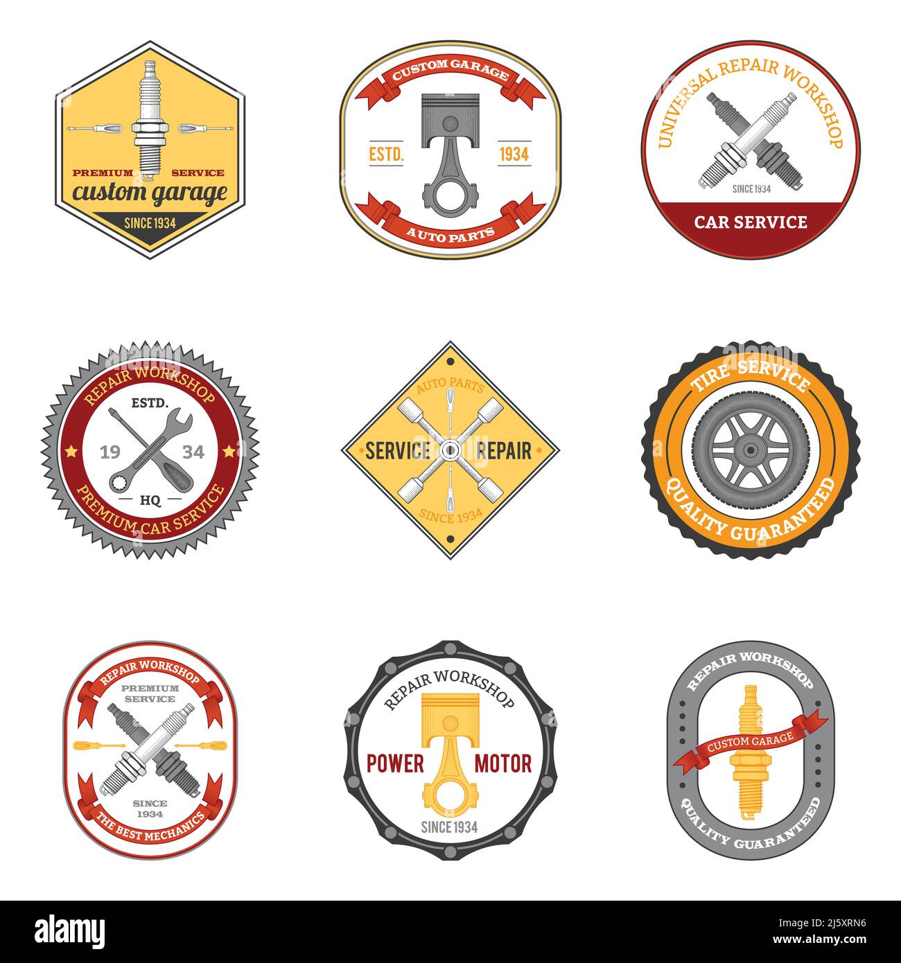 Repair workshop car and motorcycle mechanic emblems colored set ...