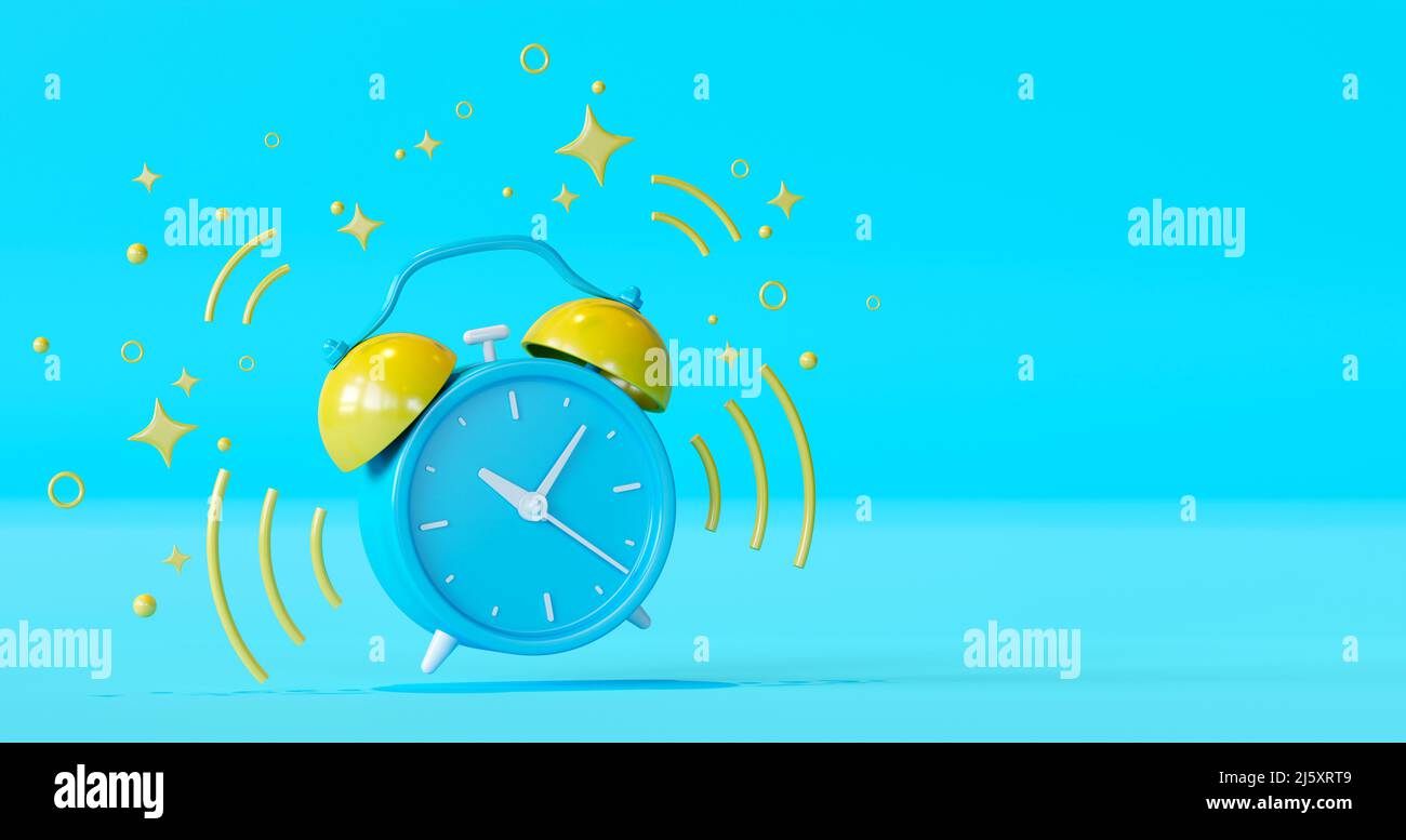 Blue ringing alarm clock with yellow stars on blue background. Retro ...