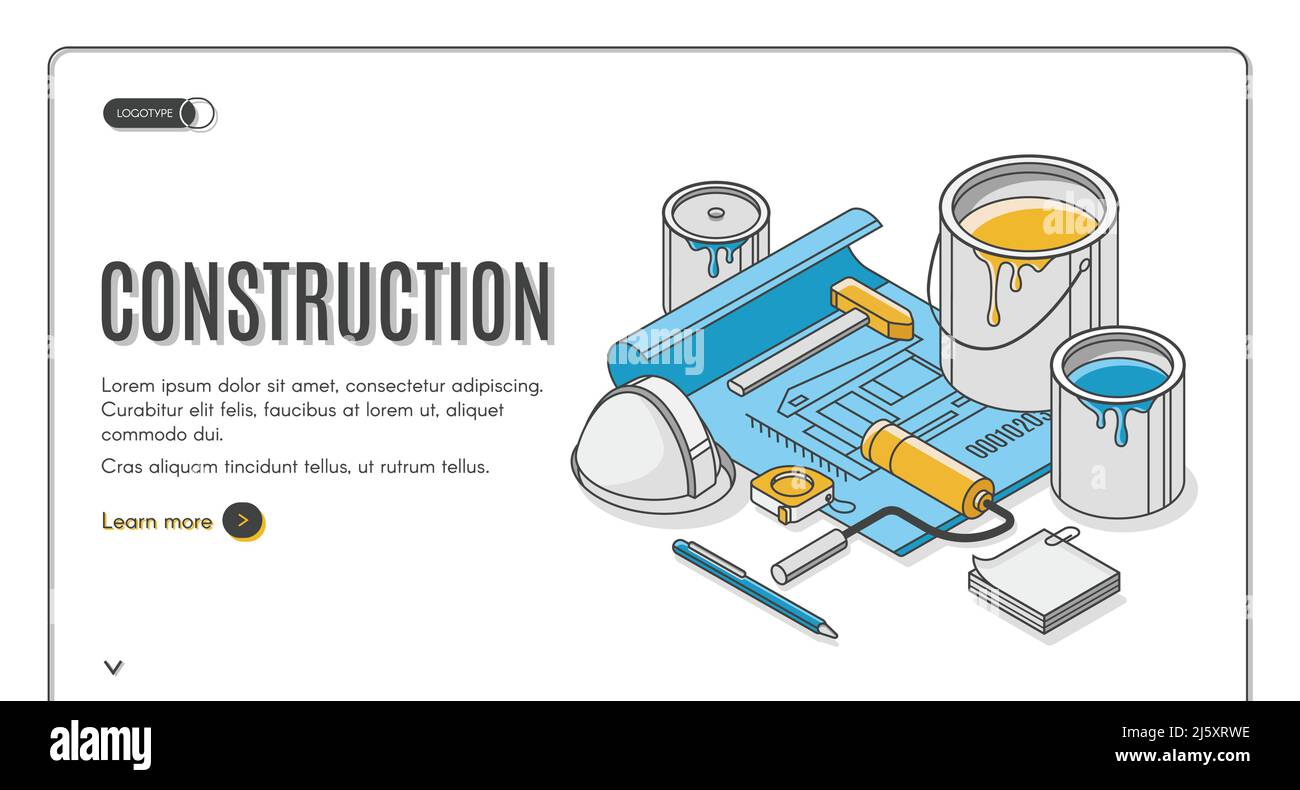 Construction plan isometric landing page, engineering blueprint with ...